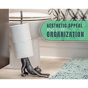 Yoga Cat Decorative Paper Towel Holder or Toilet Paper Holder by Comfify - Adorable Downward Dog Pose Kitty- Cast Iron Paper Towel Stand - Antiqued Cast Iron White Color - 19" - Silver with Black