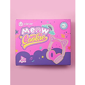 iClever Kids Bluetooth Headphones, Light Up Cat Ear, Safe Volume 74/85dBA,60H Playtime,Bluetooth 5.3,USB C Charging,Wireless Kids Headphones AUX Cord for iPad Tablets School Travel,Meow Cookies-Purple