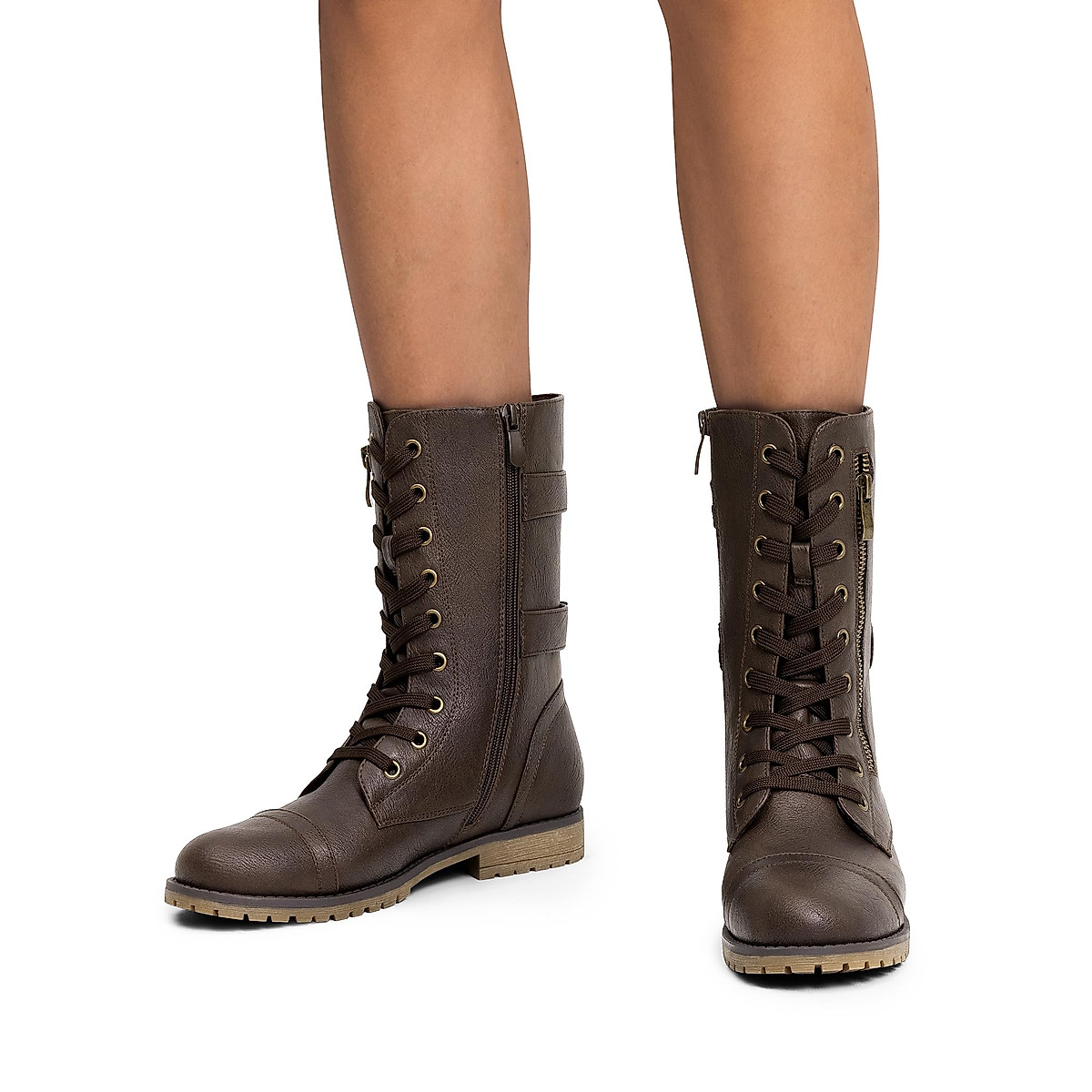 DREAM PAIRS Women's Combat Boots, Mid Calf Built-in Wallet Pocket Lace up Military Ankle Booties,Size 9.5,Brown,TERRAN