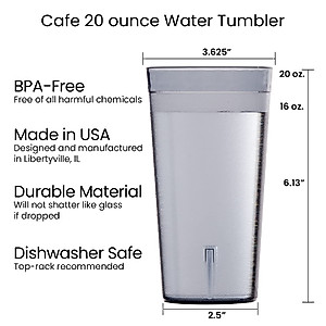 US Acrylic Cafe Plastic Reusable Tumblers (Set of 16) 20-ounce Water Cups in Grey | Value Set of Restaurant Style Drinking Glasses, Stackable, BPA-free, Made in the USA | Top-rack Dishwasher Safe