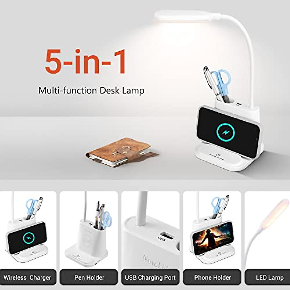 NovoLido LED Desk Lamp with Wireless Charger, Small Desk Light with 10W Quick Adapter, USB Charging Port, Pen Holder, Small Flexible Portable Lamp for Kids, Home, Office, Dorm, Bedside