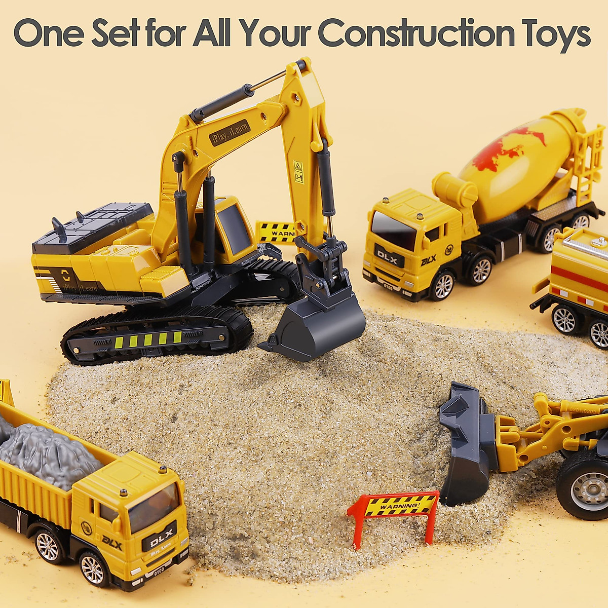 iPlay, iLearn Construction Site Vehicle Toy, Kids Engineering Play Truck Set, Tractor Digger Crane Dump Excavator Cement Steamroller, Birthday Stocking Stuffer Gift 3 4 5 Year Old Toddler Boy Children