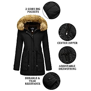 YXP Women's Winter Thicken Military Parka Jacket Warm Fleece Cotton Coat with Fur Hood (Black,XL)