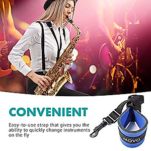 Movo MS-20J-B Music Instrument Neck Strap for Saxophones, Horns, Bass Clarinets, Bassoons, Oboes and More (Blue - Medium Length)
