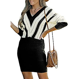 Dokotoo Color Block V-Neck Sweater Dress for Women - Long Sleeve Casual Loose Jumper with Elasticity - Winter Knitted Midi Dress - Black, Medium