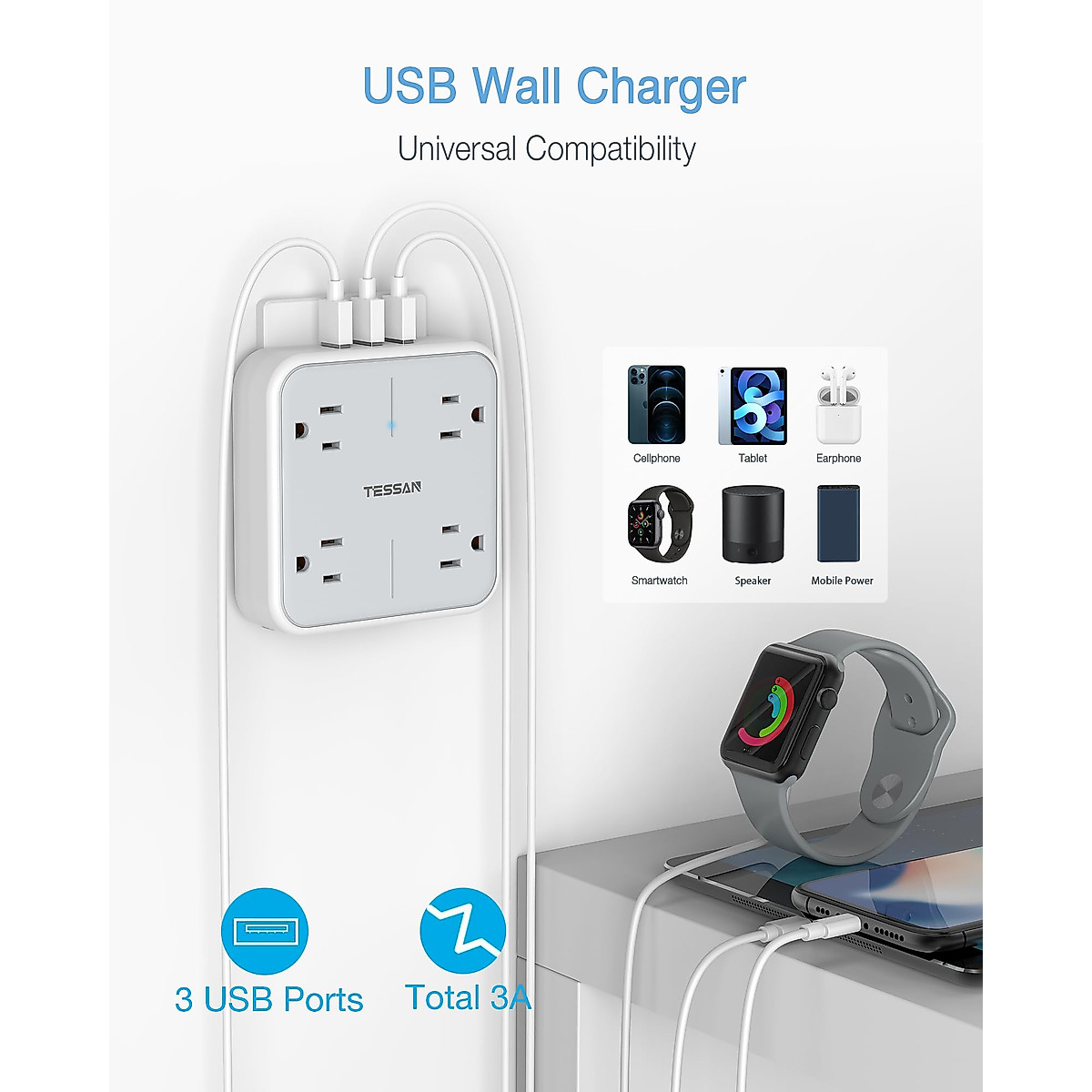 Multi Plug Outlet Extender with USB, TESSAN Surge Protector Splitter 3 USB Wall Charger, Multiple Expander for Travel, Home, College Dorm Room