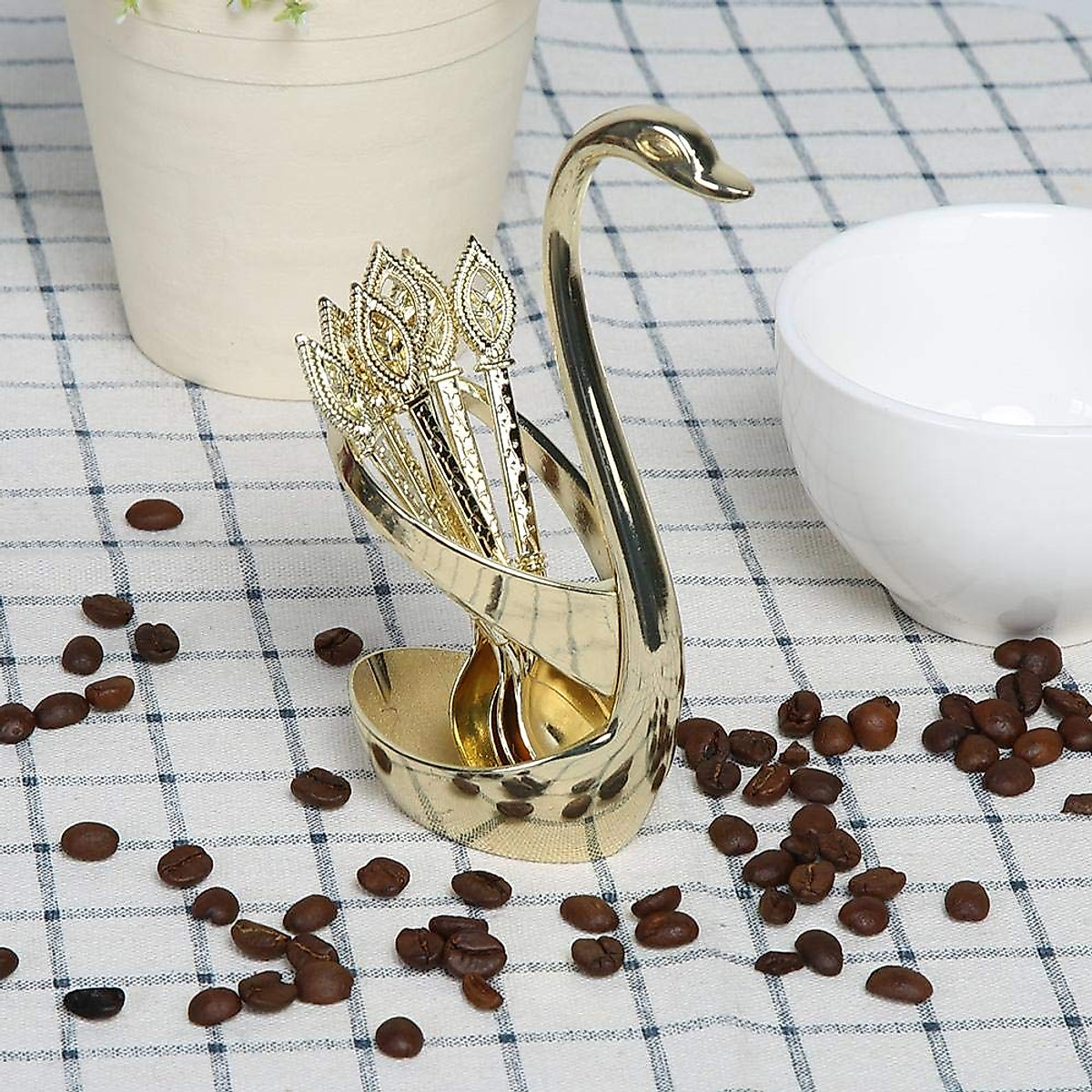 Rust-Proof Spoon Holder, Elegant Flatware Organizer, for Tableware Kitchen(Golden Cygnus + 6 spoons)