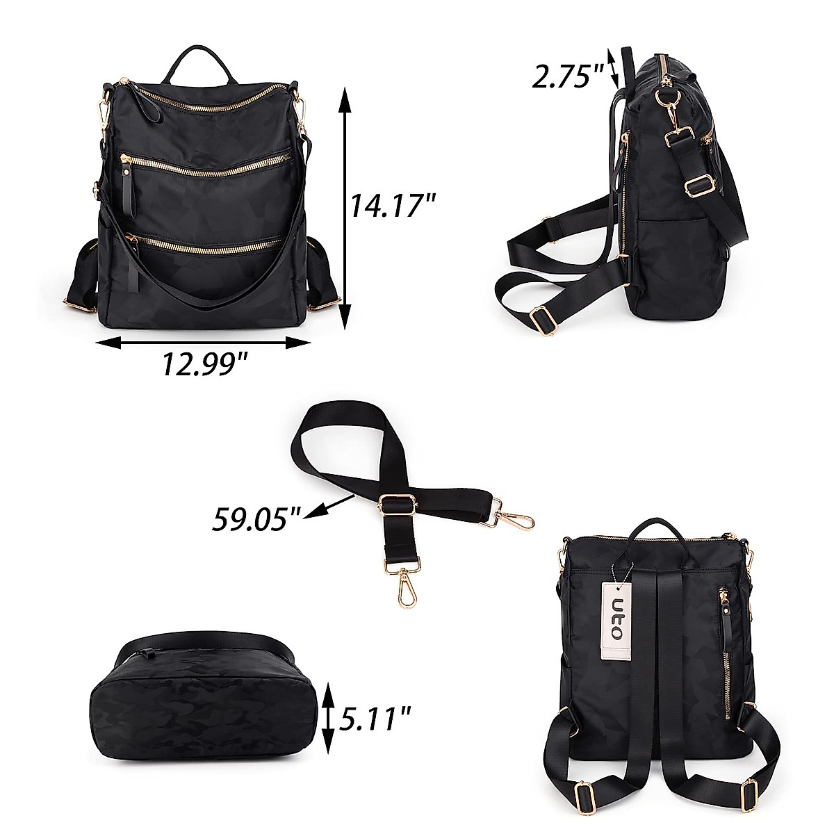 UTO Camo Waterproof Backpack for Women Durable Nylon Multipurpose Roomy Multi pockets Travel Business Shoulder Bag Black