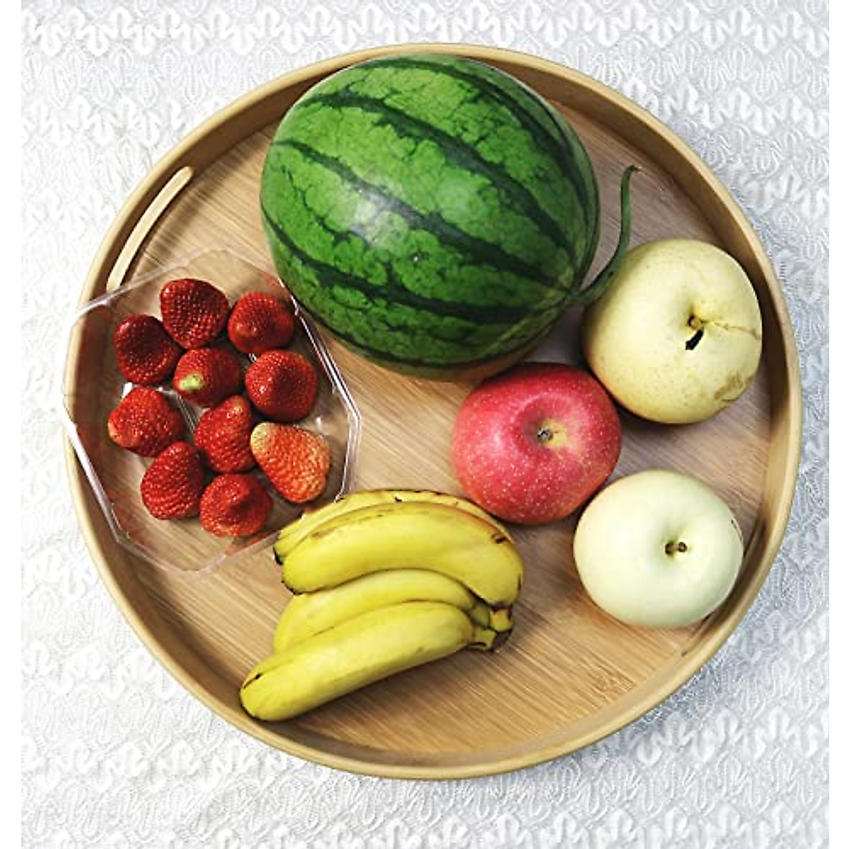 Bamboo Wood Natural Round Serving Tray, Raised Edge, Food Tray, Cut-Out Handles (40*40*5cm)