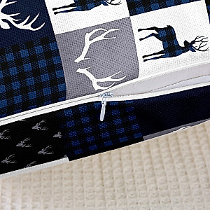 Wild Deer Throw Pillow Cover Blue Black Camouflage Retro Grid Decor Soft Square Pillow Case Antlers Jungle Animal Western Rustic Style Cushion Cover for Office Couch Bed 18x18 Inch