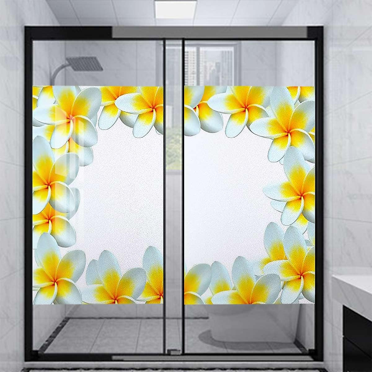 White Yellow Home Window Privacy Film Removable Frosted Glass Window Film for Home, Office, Bedroom, Shower, Hawaiian Frangipani Blossoms Exotic Glass Films 17.7Wx23.6L-inch x2 Pcs