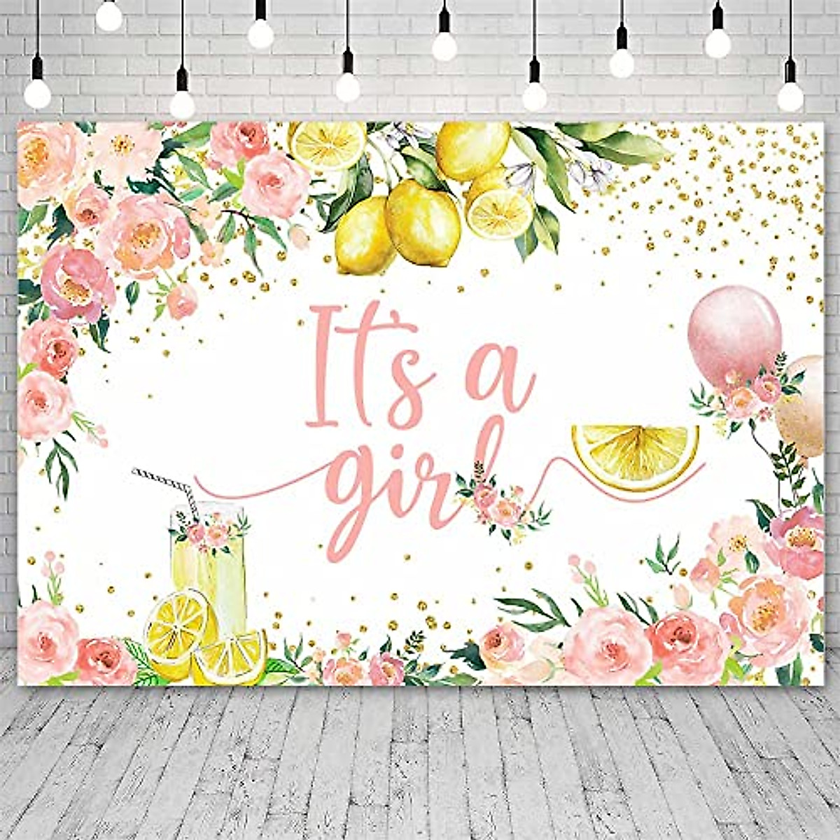 AIBIIN 7x5ft Lemon Baby Shower Backdrop It's A Girl Pink Flowers Balloons Photography Background Baby Shower Party Decorations Banner Cake Table Photo Booth Props