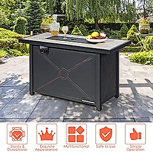 Giantex Gas Fire Pit Table w/Ceramic Tabletop, 42 Inch 60,000 BTU Rectangular Propane Fire Pit Table, Outdoor Electronic Ignition Propane Heater w/Table Cover, Waterproof Cover, Lava Rock
