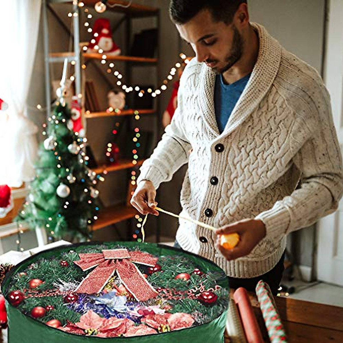 Propik Christmas Wreath Storage Bag 24" - Garland Holiday Container with Clear Window - Tear Resistant Fabric - 24" X 24" X 8" (Green)