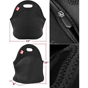 yookee home Black Lunch Bag, Insulated Lunch Box, Thick and Reusable Thermal Lunch Tote Bag, Small Neoprene Lunchbags with Zipper for Adults Kids Nurse Teacher School Work Outdoor Travel Picnic