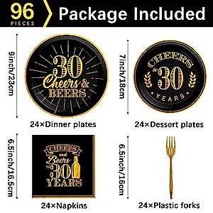 96 Pcs Cheers 30th Birthday Plates and Napkins Party Supplies Cheers to 30 Years Tableware Set 30th Party Birthday Decorations Favors for Men Women Serves 24