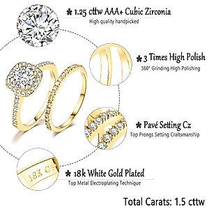 Ahloe Jewelry CEJUG 18K Gold Plated Wedding Rings for Women Engagement Bridal Ring Set Wedding Bands Halo Round Golden 1.5Ct Cz Size 11