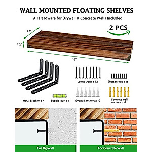 Ameegoo Rustic Wood Floating Shelves for Wall Storage Set of 2 Farmhouse Wooden Shelves Wall Mounted Wide Natural Wood Floating Wall Shelf for Living Room Bedroom Bathroom Office (Flame-16 x 5.5'')