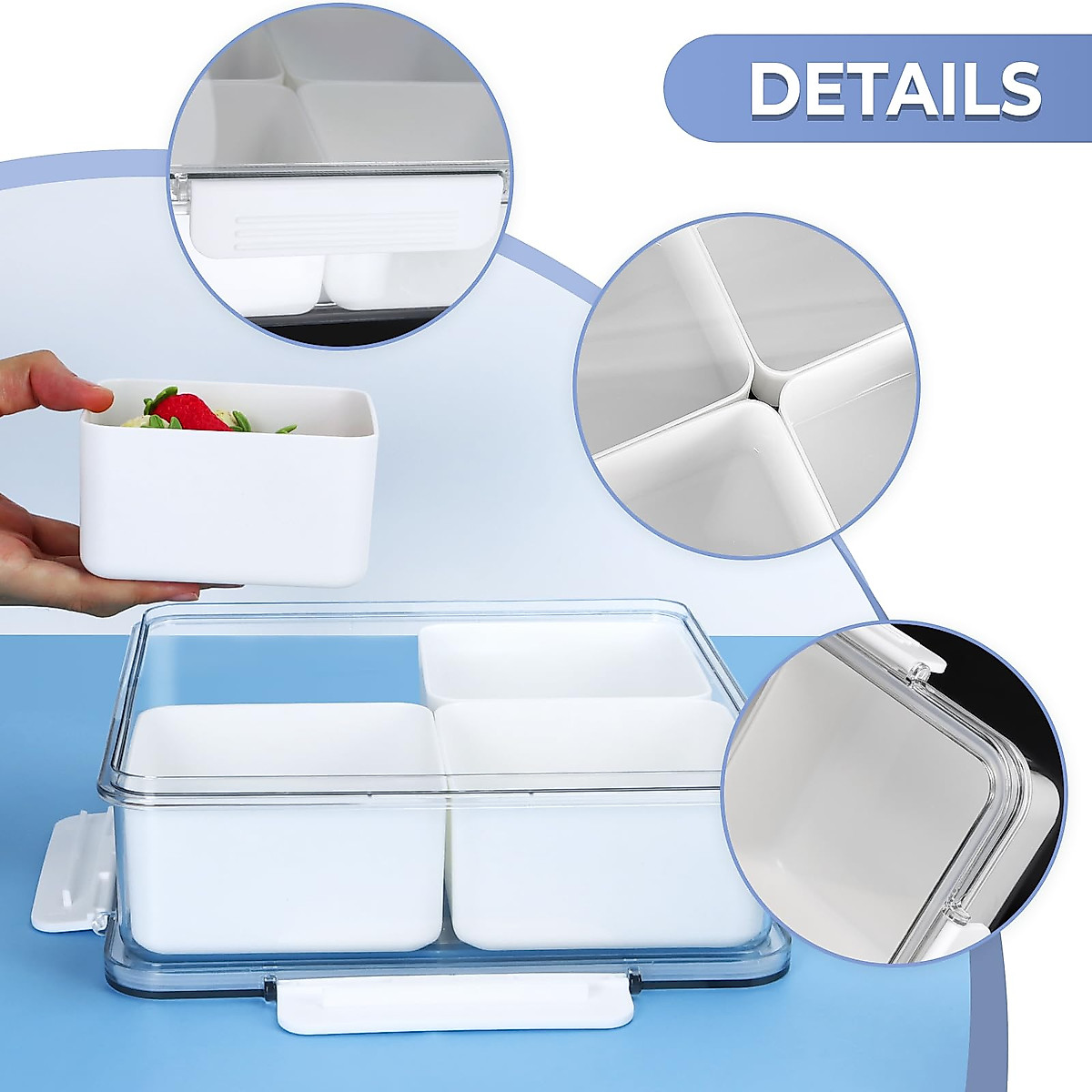 ISUSSER Square Plastic Divided Serving Tray with Lid, Snack Container, Divided Fruit Vegetable Snack Tray Container with 4 Compartments for Refrigerator