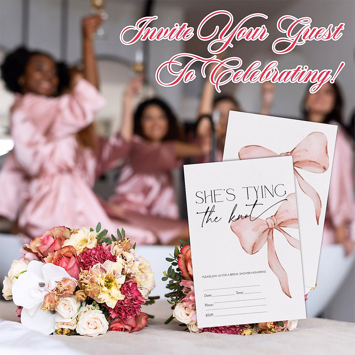 luixd Bridal Shower Invitations - She's Tying The Knot - Pink Pretty Bow Fill In Invites With Envelopes, Invitations For Newlyweds，Bridal Shower, Party Favor & Supplies (Set Of 25)- B05