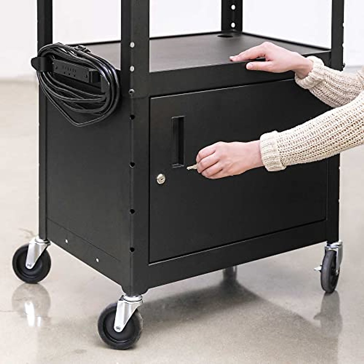 Line Leader AV Cart with Locking Cabinet and Drop Leaves | Height Adjustable Utility Cart with Extra Storage | Power Strip and Cord Management | Great for Presentations (Black / 46 x 18)