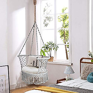 Giantex Hanging Hammock Chair, Macrame Hanging Chair 330 Pounds Capacity, Cotton Rope Handwoven Tassels Porch Swing Chair for Bedroom, Living Room, Yard, Garden, Balcony, Indoor / Outdoor (Gray)