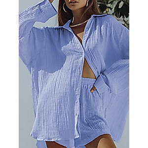 Meenew Women's Summer Matching Set 2 Piece Shorts Set Long Sleeve PJ Set Beach Outfits Button Down Set XL
