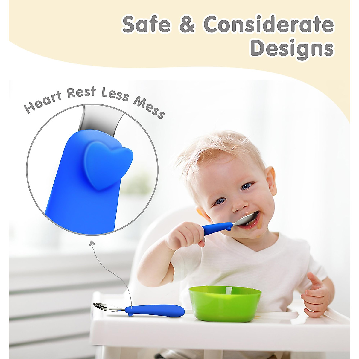 Toddler Utensils with Silicone Handle,6 pcs Kids Silverware Set,Baby Forks and Spoons for Self-Feeding,Green Yellow Navy