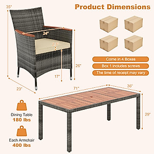 HAPPYGRILL 9 Pieces Outdoor Dining Set, Acacia Wood and Rattan Furniture Set with 1 Large Rectangular Table and 8 Chairs with Cushions, Patio Wicker Dining Table and Chairs Set