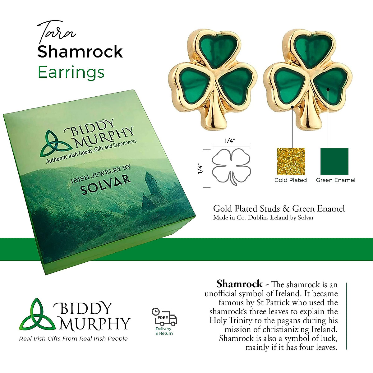 Biddy Murphy, Dainty Classic Irish Luck Shamrock Earrings for Women, Gold Plated with Emerald Green Enamel, Traditional Celtic Jewelry, Made in Ireland by Artisan Jewelers