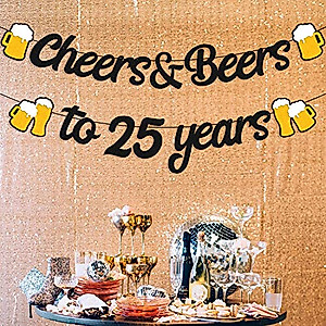 25th Birthday Decorations Cheers to 25 Years Banner for Men Women 25s Birthday Backdrop Wedding Anniversary Party Supplies Black Glitter Decorations Pre Strung