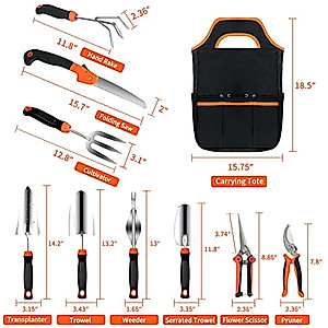 Garden Tool Set, 10 Piece Stainless Steel Gardening Hand Tools with Non-Slip Ergonomic Rubber Grip, Pruning Shears & XL Storage Tote, Outdoor Yard Tools, Ideal Gardening Tool Kit Gifts for Friends
