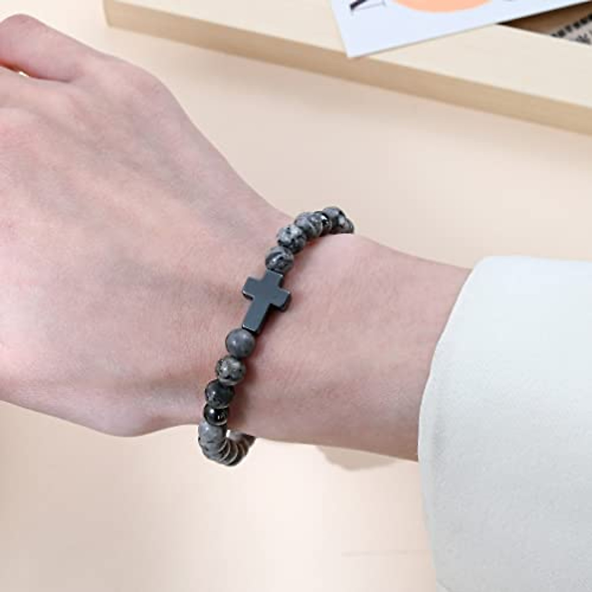 Softones 6mm Cross Beaded Bracelet for Girls Women Natural Stone Stretch Link Prayer Bracelet for Boy Girls,7.1"