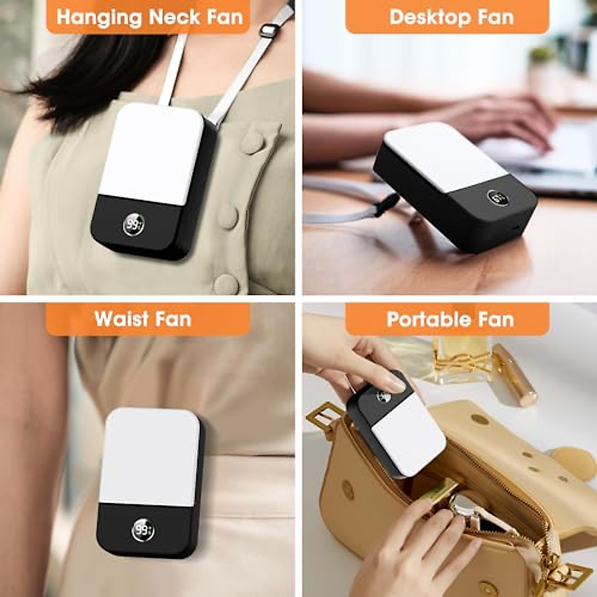 Andwing Portable Neck Fan Rechargeable, Mini Fan Handheld with Waist Clip 3 Speed Adjustable, Leafless Personal Fan for Home Office Outdoor Travel (Black)