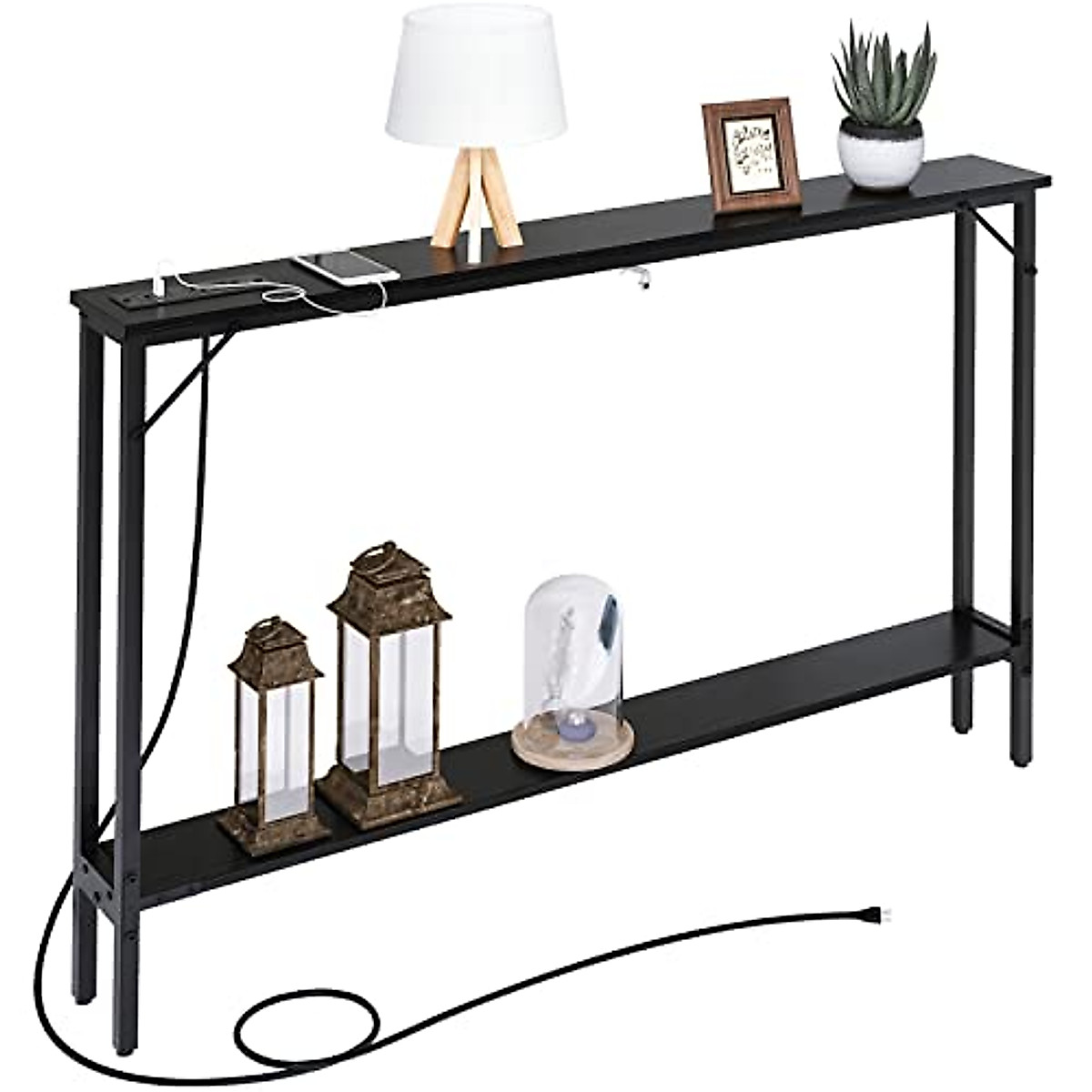 SAUCE ZHAN Sofa Table with Outlet and USB Port, 47" Console Table Behind Couch Table with Steel Frame, Narrow Entryway Table for Sofa, Living Room, Foyer, Hallway, Entry, Black
