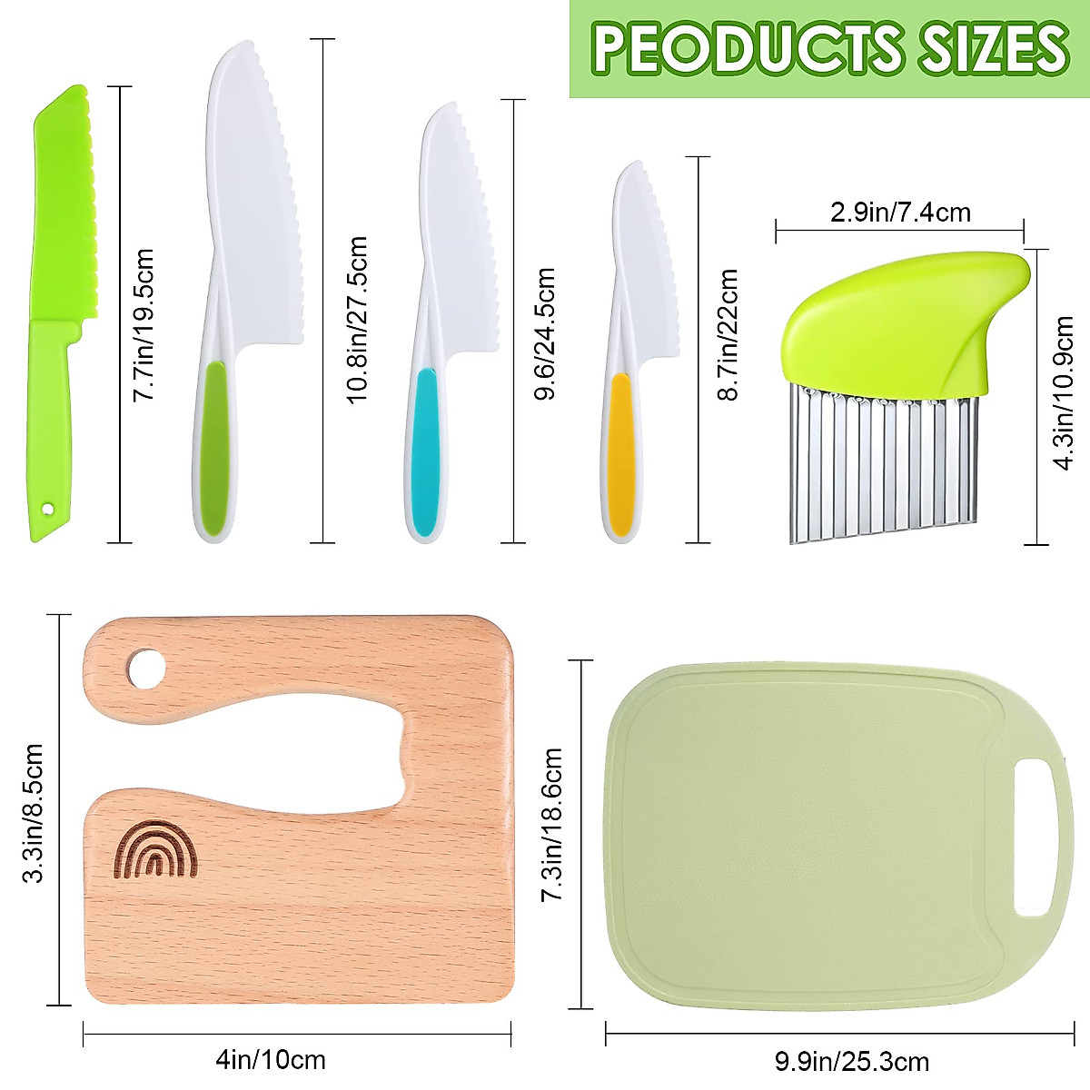 7 Pieces Wood Kids Kitchen Knife Toddler Knife Set Includes Wooden Kids Knife Serrated Edges Plastic Cooking Knives Green Cutting Board Vegetable Crinkle Cutter Cooking Utensils for Kids Home Supplies