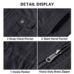 WenVen Men's Washed Cotton Military Jacket (Grey, Medium)