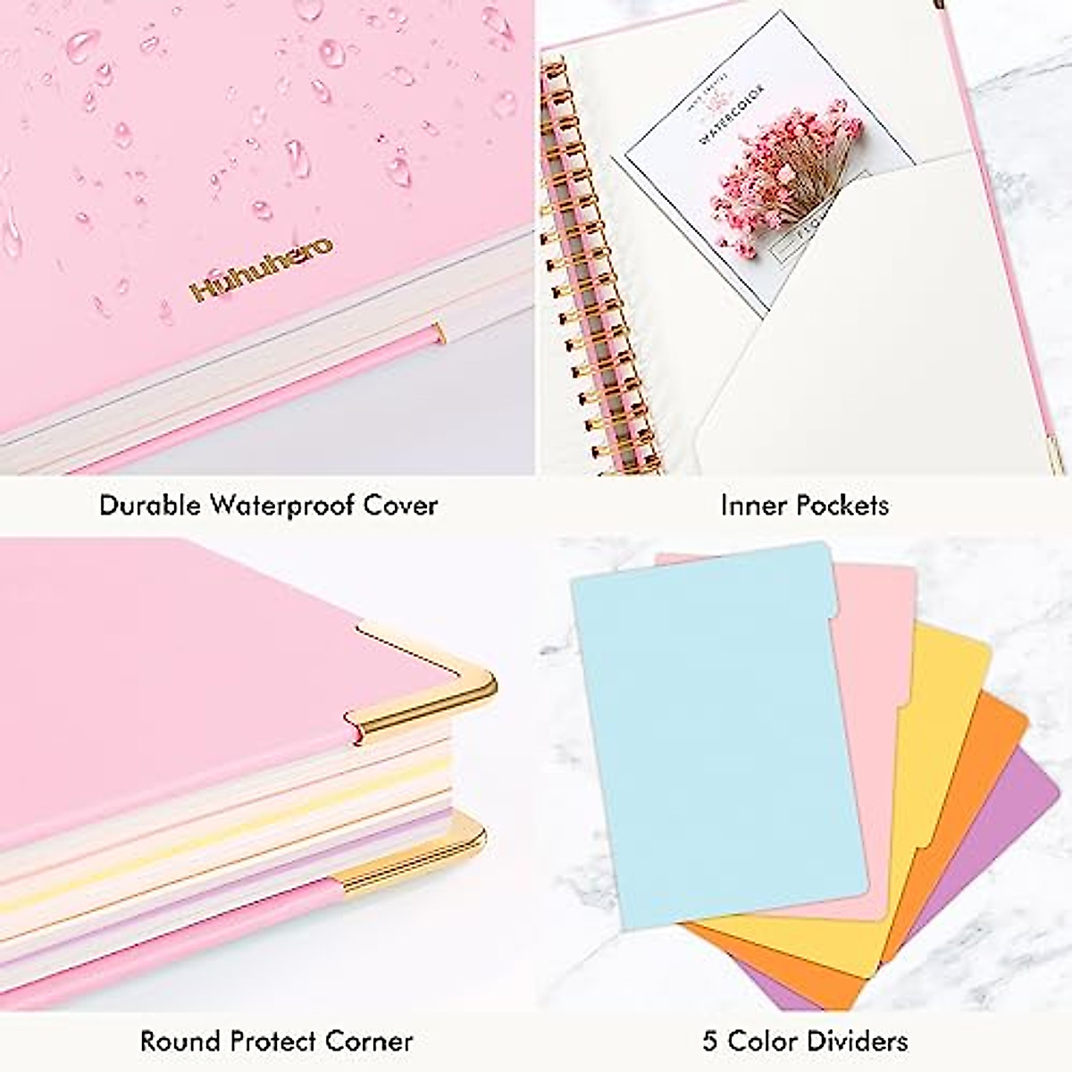 Huhuhero Lined Spiral Notebook, 5 Subject Notebook with Dividers, 7.6" x 10.5", Hardcover Notebooks College Ruled for Work School Office Women Men, College School Supplies (Pink-300 pages)