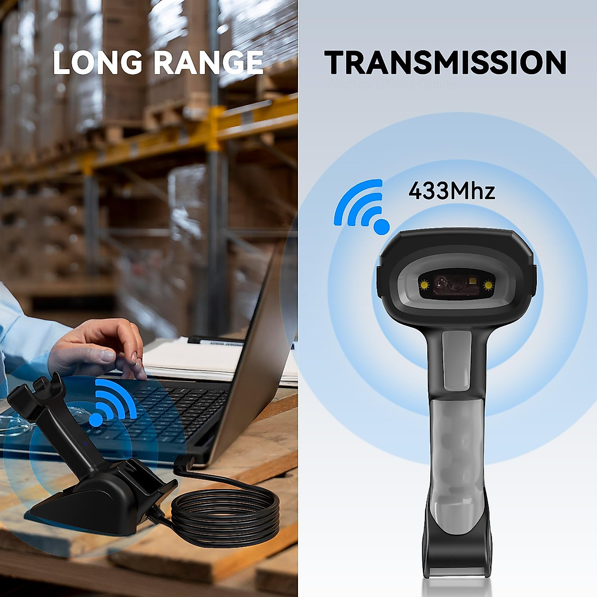 Alacrity Wireless Charging Barcode Scanner, 1D/2D Symbologies, Global Shutter Scan Sensor, Long-Distance 433MHz Wireless & Bluetooth Connectivity, Industrial Shock and Dust-Proof Barcode Reader, Green