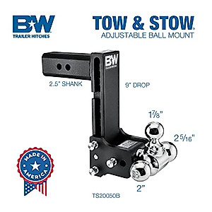 B&W Trailer Hitches Tow & Stow Adjustable Trailer Hitch Ball Mount - Fits 2.5" Receiver, Tri-Ball (1-7/8" x 2" x 2-5/16"), 8.5" Drop, 14,500 GTW - TS20050B