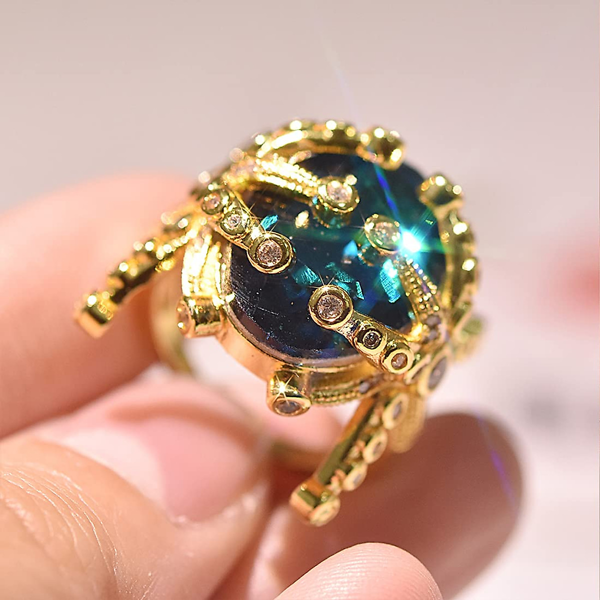 MYLYAHY Womens Exaggeration Starfish Blue Cubic Zirconia Ring,14K Yellow Gold Sapphire Ring Blue Gemstone CZ Crystal Punk Biker Gothic Cocktail Party Ring Jewelry Gift for Women Girls Her (Ring_A, 8)