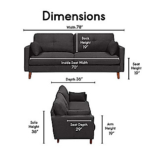 Elle Decor Alix Upholstered Living Room Sofa, Tufted Fabric Couch, Mid-Century Walnut Tapered Footers, 78" Sofa, Charcoal