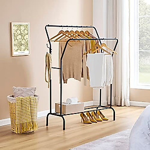 Hoctieon Double Rod Clothes Rack, Freestanding Garment Rack for Hanging Clothes, Metal Standing Clothes Rack, Industrial Clothing Rack, Portable Clothes Rack, Small Garment Rack, Black