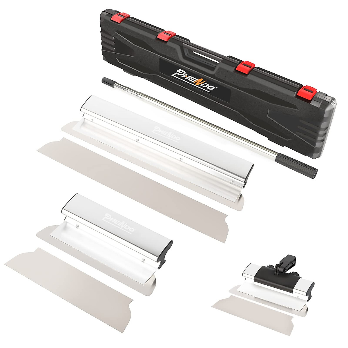 PHENDO Drywall Skimming Blade Set - 12",22",32" Blades in 0.35mm + Replacement Blades in 0.5mm×3 + 37-78” Extension Handle with Rod, Drywall Tools, Ergonomic Aluminum Grip & 304 Stainless Steel Blades