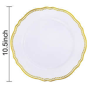 Hioasis 60pcs Gold Plastic Plates - White and Gold Trim Disposable Plates - 10.25 inch Gold Disposable Dinner Plates Perfect for Wedding & Party