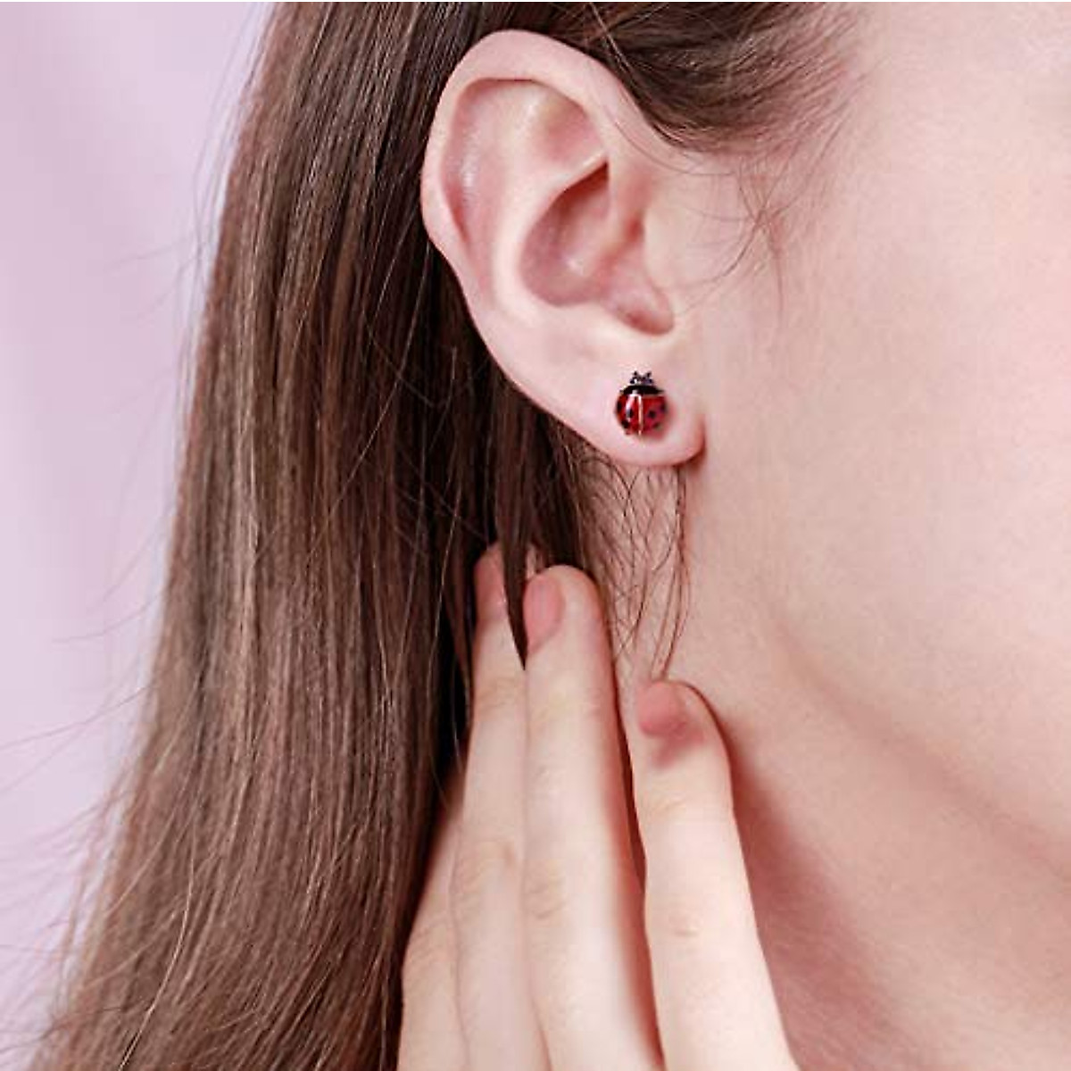 Stud Earrings, Red Ladybug Black Spots 18K Gold Plated 925 Sterling Silver Post Stud Earrings for Women and Girl