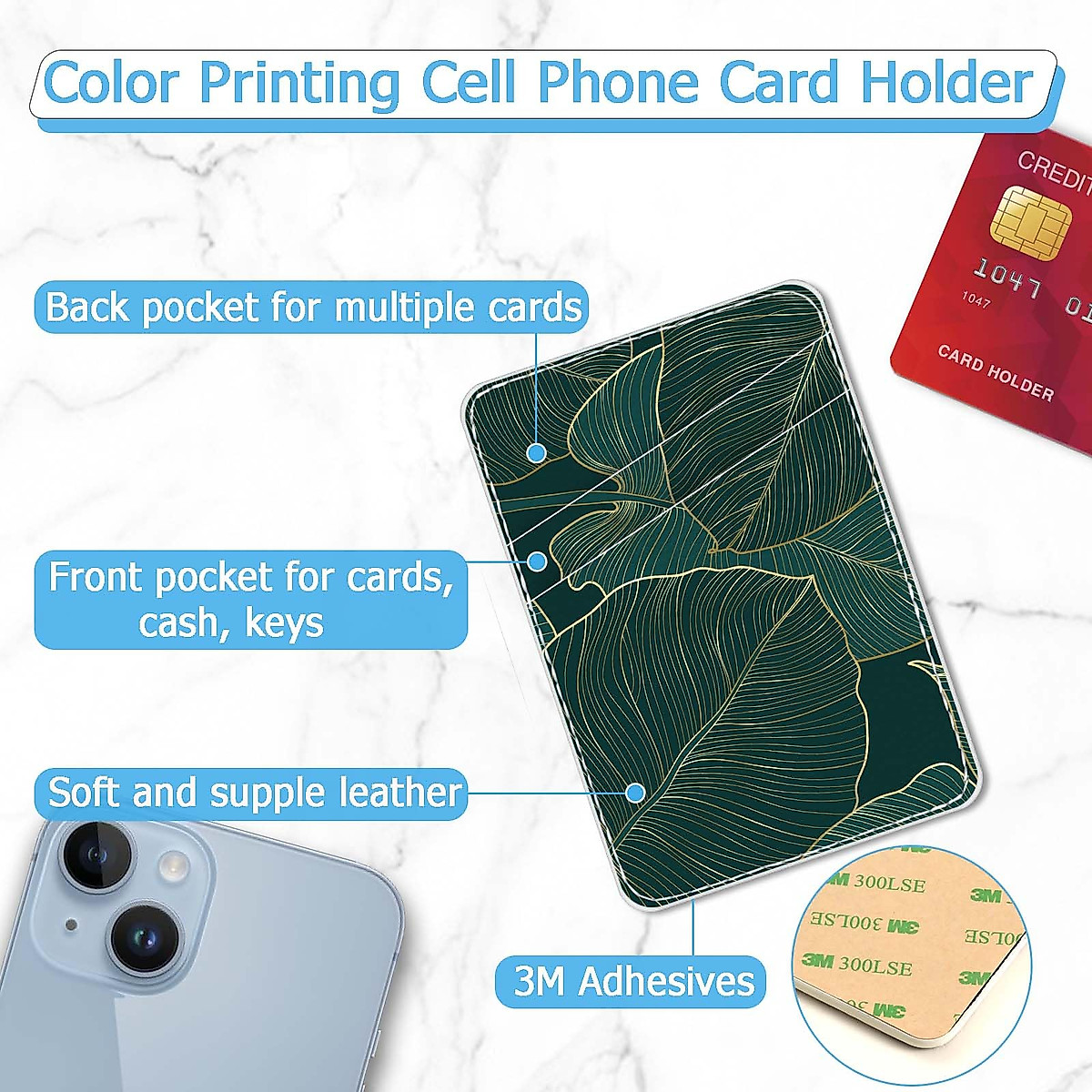 TIHYWR Leather Phone Card Holder Phone Wallet, Stick Back Phone Wallet Sticker Stylish Phone Case Credit Card Holder, Suitable for iPhone, Samsung, Android and Most Smart Phones. Rose Gold Leaf