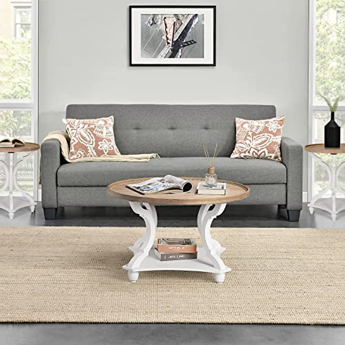 Wnutrees Farmhouse Round Coffee Table,Wood Tray Top Circle Coffee Table with Storage Shelf Rustic Style for Living Room and Vintage Finish,White