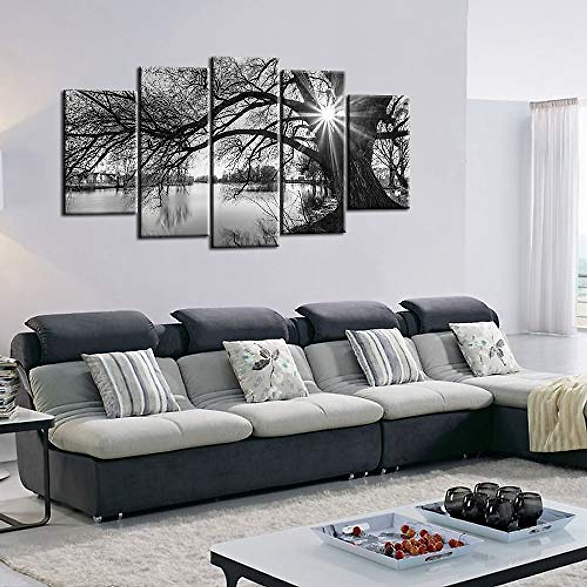 sechars - 5 Pieces Wall Art Old Tree by Lake Picture Canvas Prints Sunrise Painting Black and White Landscape Canvas Art Modern Wall Decoration Framed and Ready to Hang