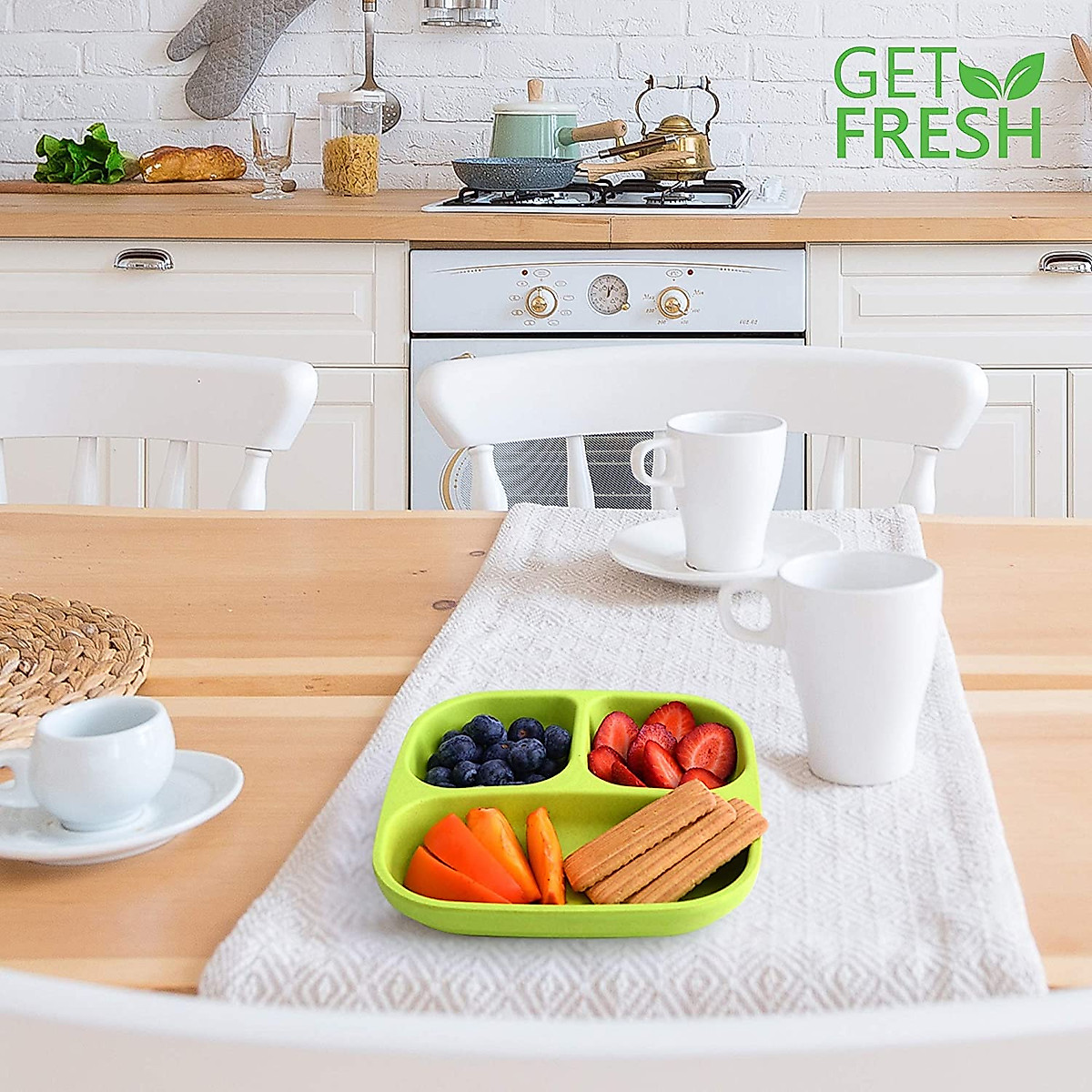 GET FRESH PLA Kids Divided Plates Set – 2-pack Melamine-Free Sectioned Plates for Kids and Toddlers – Stackable BPA-free Childrens Dinnerware Divider Plates – Reusable 3 Compartment Kids Plates